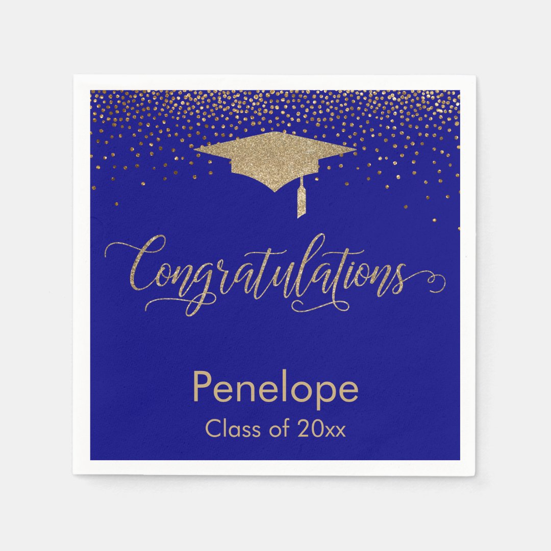 Congratulations Gold Confetti Graduation Cap Blue Napkins | Zazzle