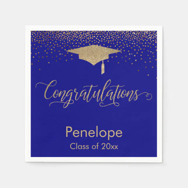Congratulations Gold Confetti Graduation Cap Blue Napkins | Zazzle