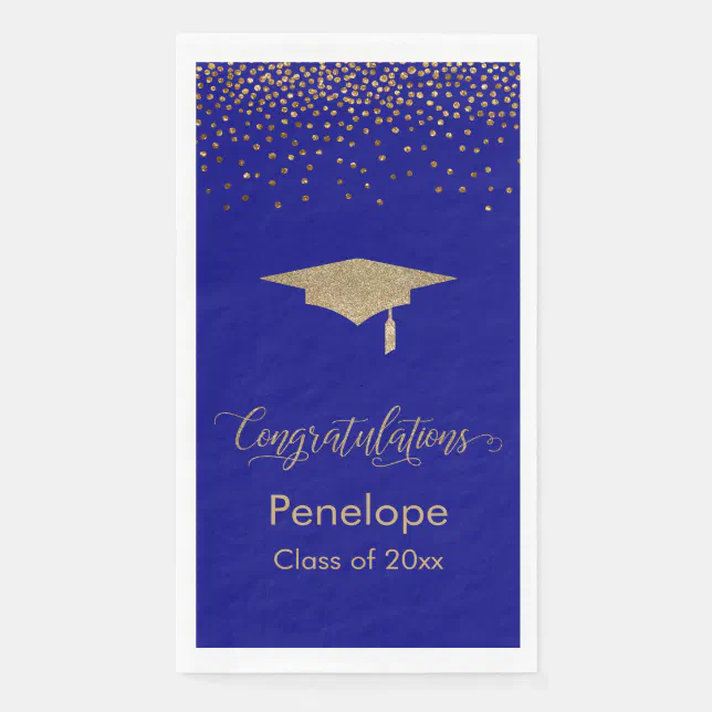 Congratulations Gold Confetti Graduation Cap Blue Paper Guest Towels ...