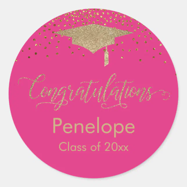 Congratulations Gold Confetti Graduation Hot Pink Classic Round Sticker ...