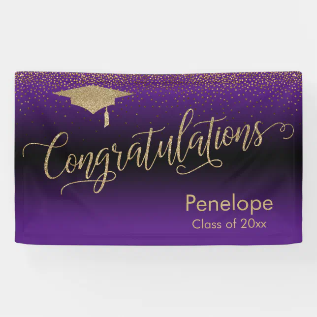 Congratulations Gold Confetti Graduation Purple Banner | Zazzle
