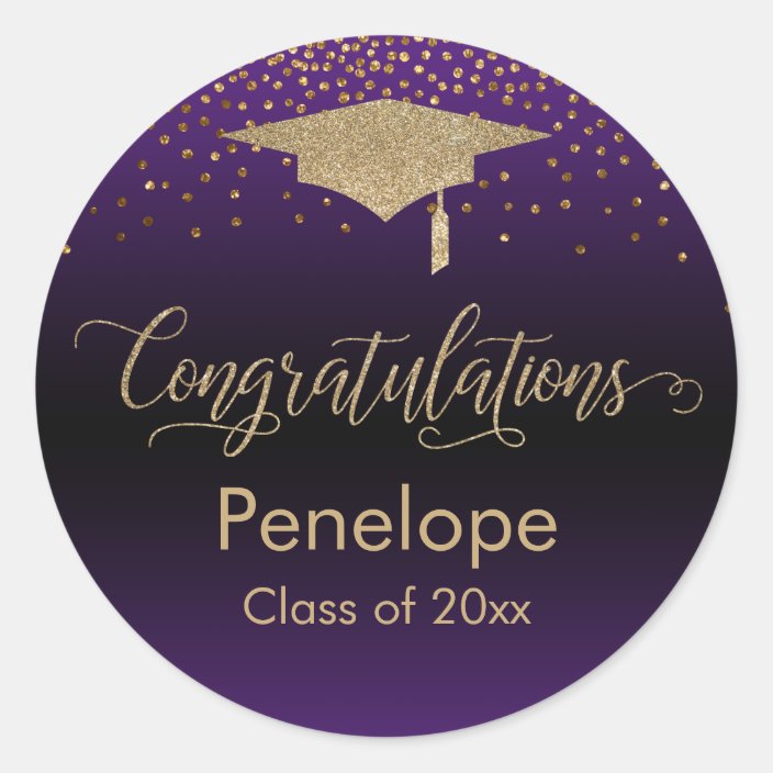 Congratulations Gold Confetti Graduation Purple Classic Round Sticker ...