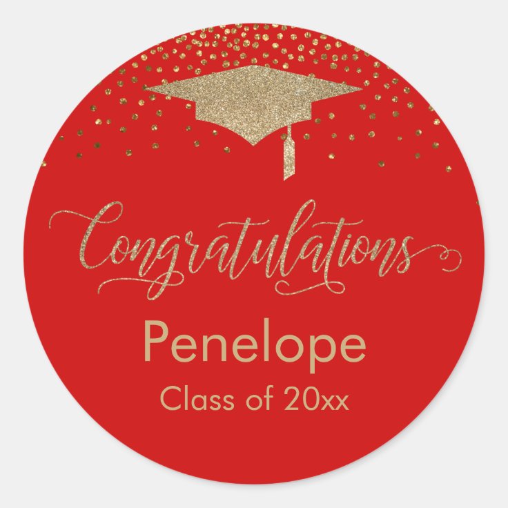 Congratulations Gold Confetti Graduation Red Classic Round Sticker | Zazzle