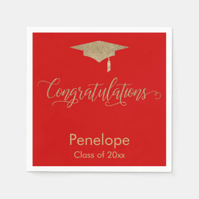 Congratulations Gold Glitter Graduation Cap, Red Napkins | Zazzle