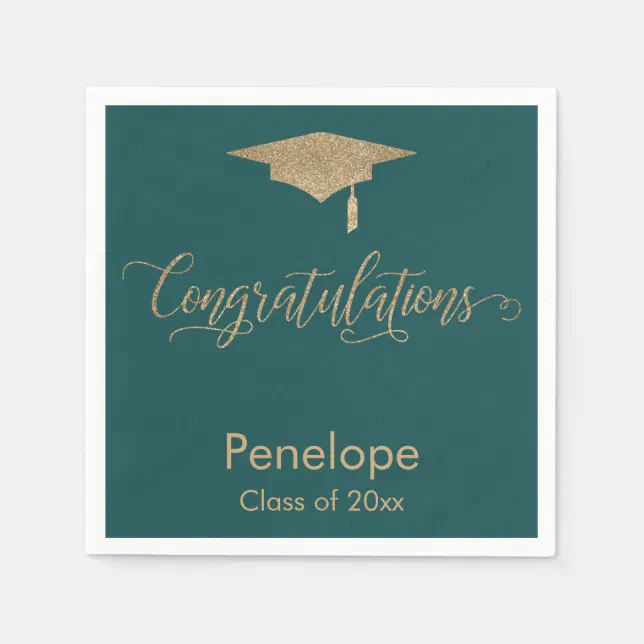 Congratulations Gold Glitter Graduation Cap Teal Napkins | Zazzle