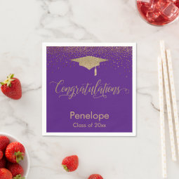 Congratulations Gold Graduation Cap Purple Napkins | Zazzle