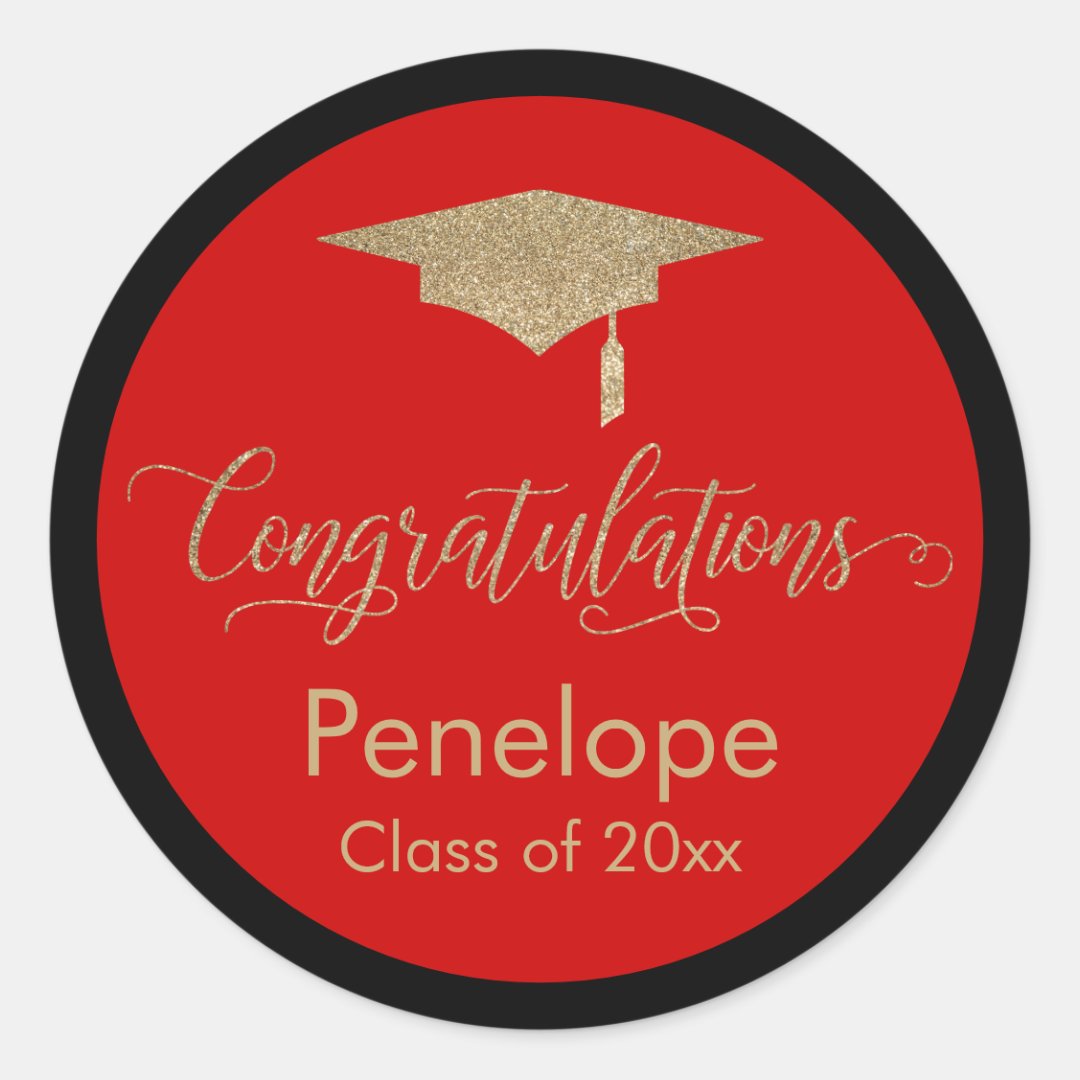 Congratulations Gold Graduation Cap Red Classic Round Sticker | Zazzle