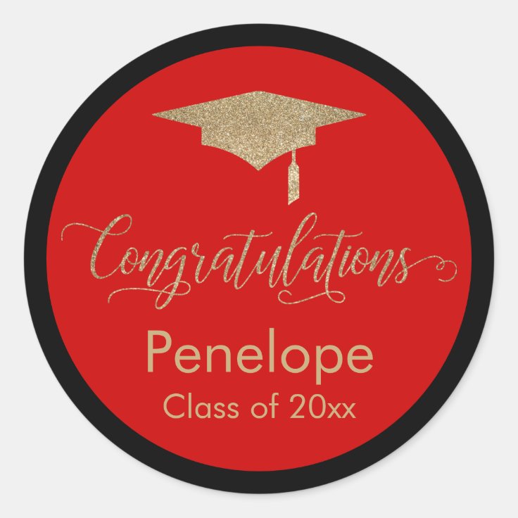 Congratulations Gold Graduation Cap Red Classic Round Sticker | Zazzle