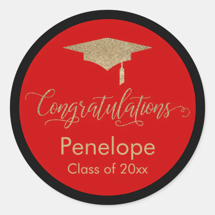 Congratulations Gold Graduation Cap Red Classic Round Sticker | Zazzle