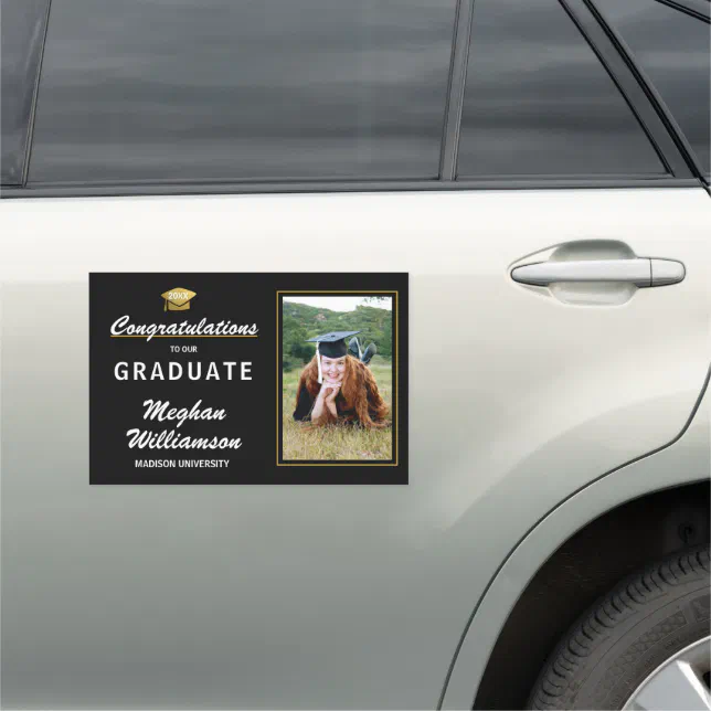 Congratulations gols and black photo graduation car magnet | Zazzle