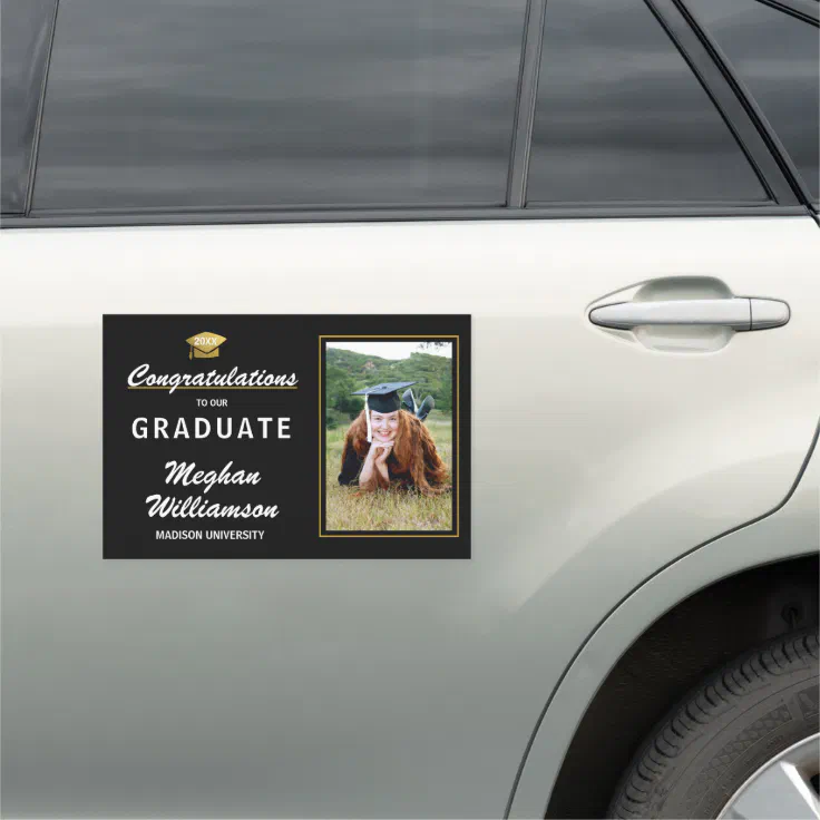 Congratulations gols and black photo graduation car magnet | Zazzle