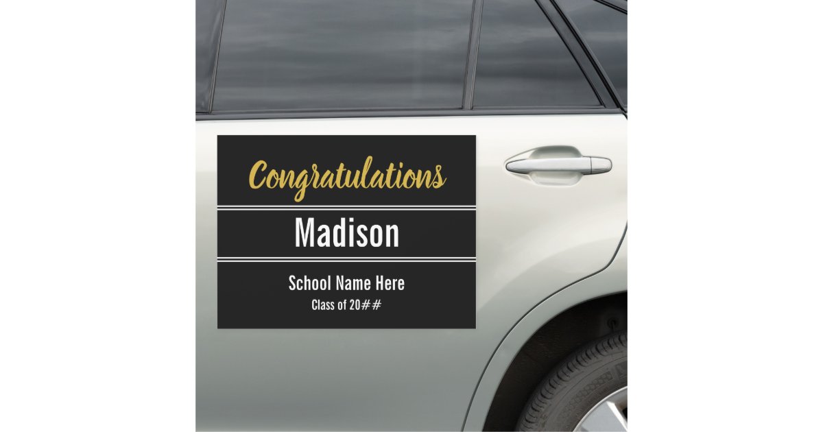 Congratulations Grad Name Black White Gold Script Car Magnet | Zazzle