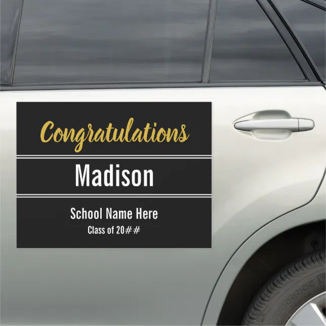 Congratulations Grad Name Black White Gold Script Car Magnet | Zazzle
