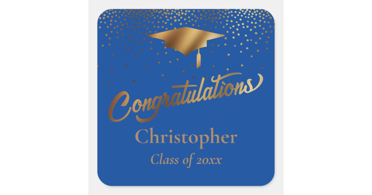 Congratulations Graduate, Class of Gold & Blue Square Sticker | Zazzle