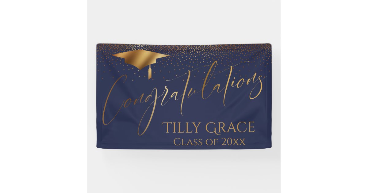 Congratulations Graduate Gold Confetti on Navy Banner | Zazzle