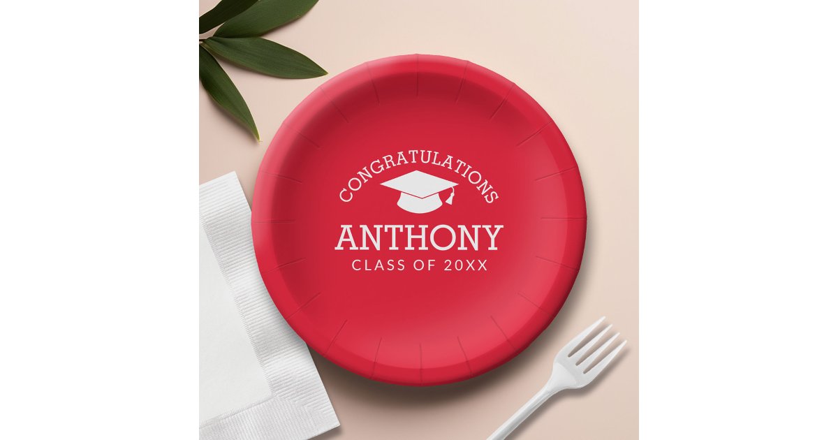 Congratulations Graduate Graduation Cap red white Paper Plates | Zazzle