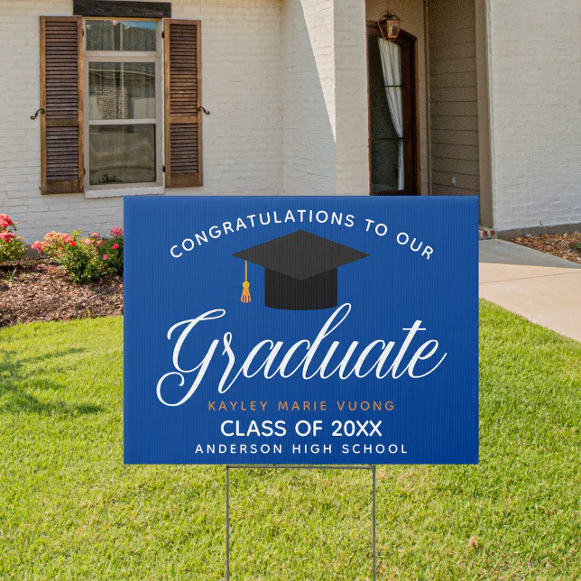 Congratulations Graduate Name Blue Graduation Yard Sign | Zazzle