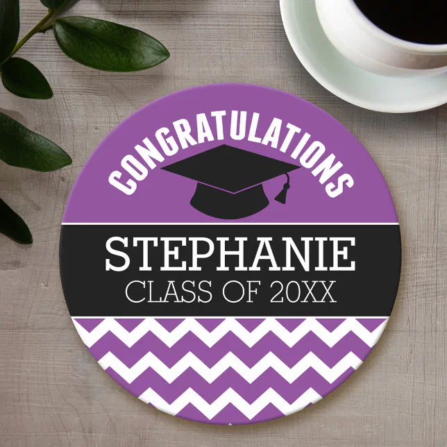 Congratulations Graduate - Purple Black Graduation Round Paper Coaster ...