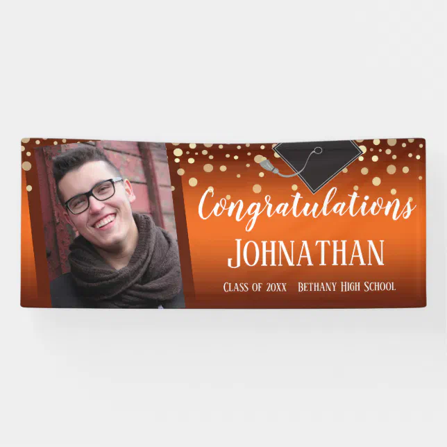 Congratulations Graduation Orange Confetti Photo Banner | Zazzle