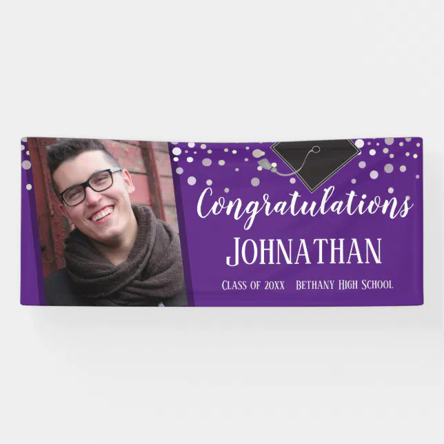 Congratulations Graduation Purple Confetti Photo Banner | Zazzle