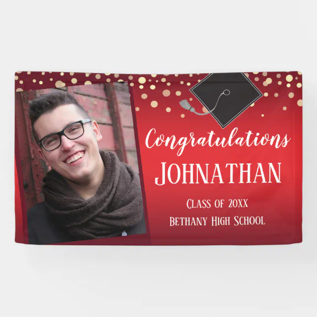 Congratulations Graduation Red with Confetti Photo Banner | Zazzle