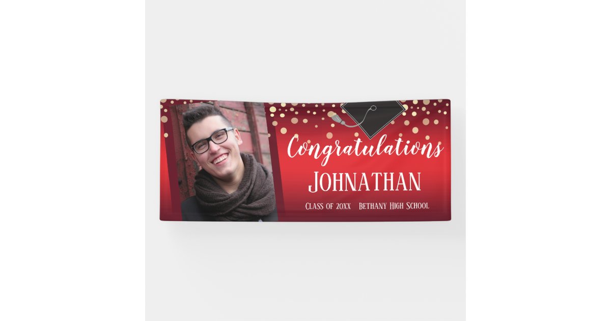 Congratulations Graduation Red with Confetti Photo Banner | Zazzle