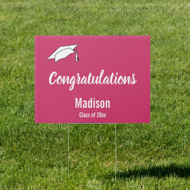 Congratulations Magenta White Grad Name Graduation Sign | Zazzle