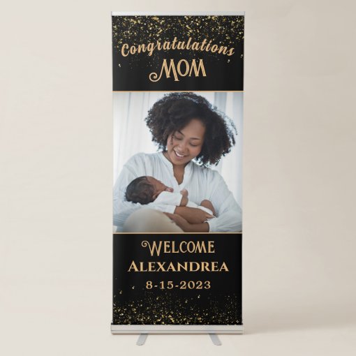 Congratulations Mom Mother Baby Photo Black Gold Retractable Banner ...