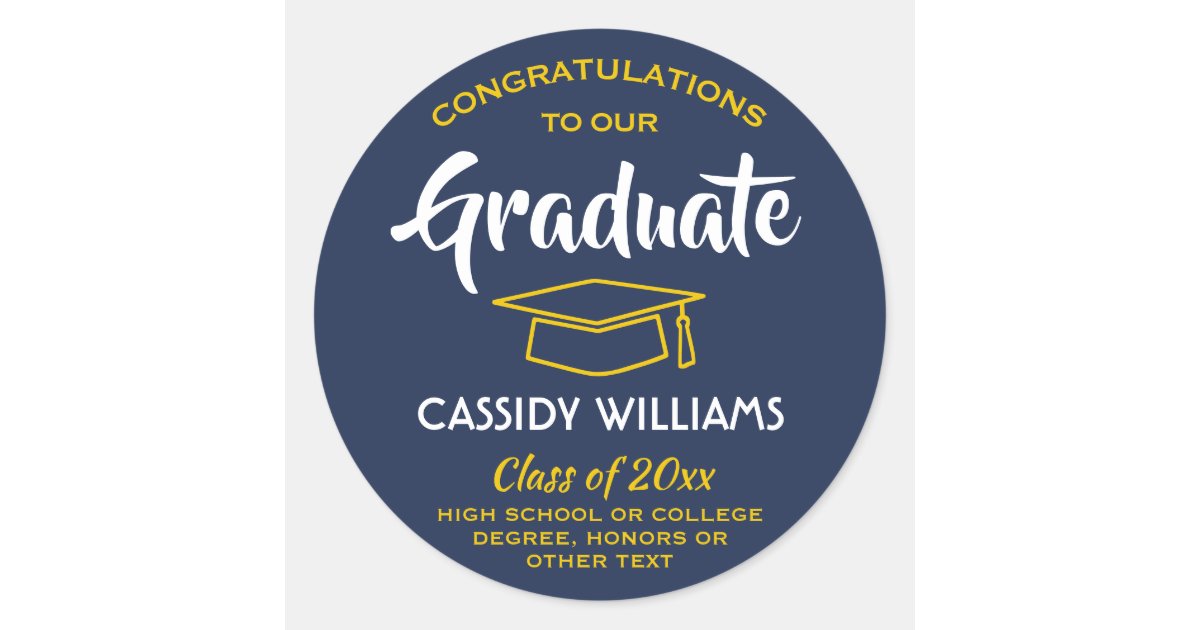 Congratulations Navy Blue and Gold Graduation Classic Round Sticker ...