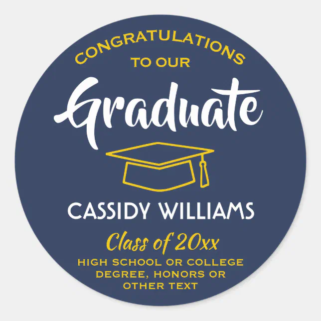 Congratulations Navy Blue and Gold Graduation Classic Round Sticker ...