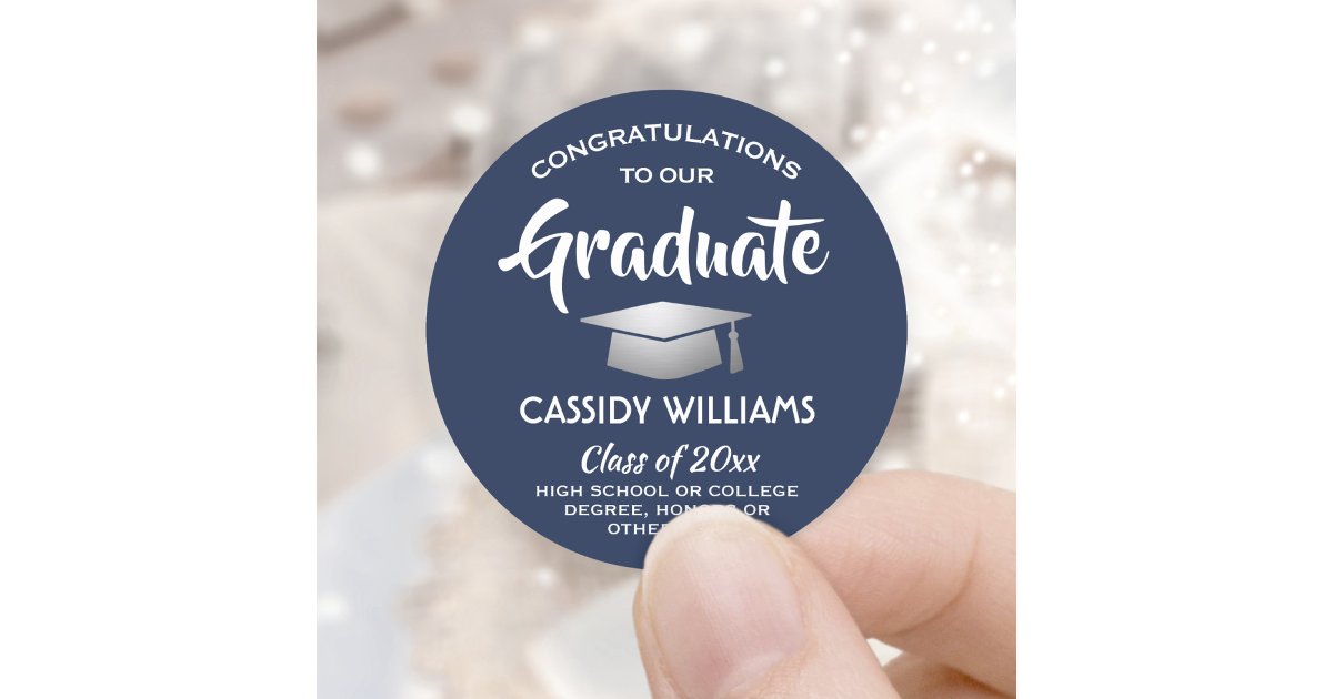 Congratulations Navy Blue and White Graduation Classic Round Sticker ...