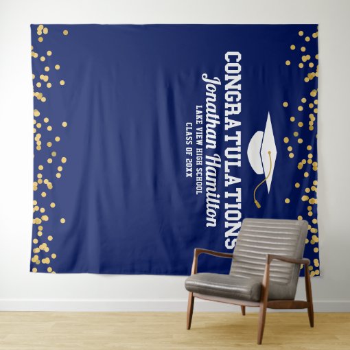Congratulations Navy Blue Gold Grad Party Backdrop | Zazzle