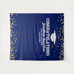 Congratulations Navy Blue Gold Grad Party Backdrop | Zazzle