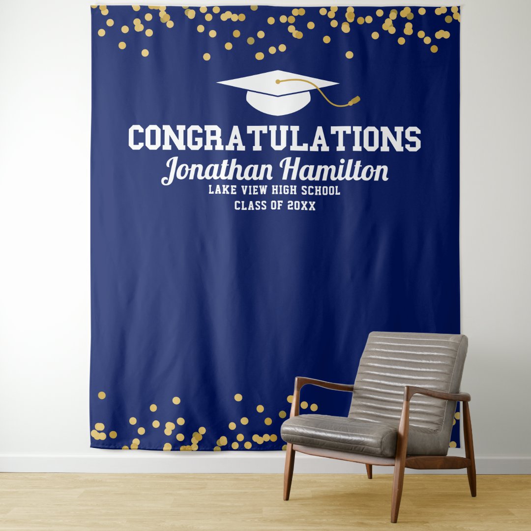 Congratulations Navy Blue Gold Grad Party Backdrop | Zazzle