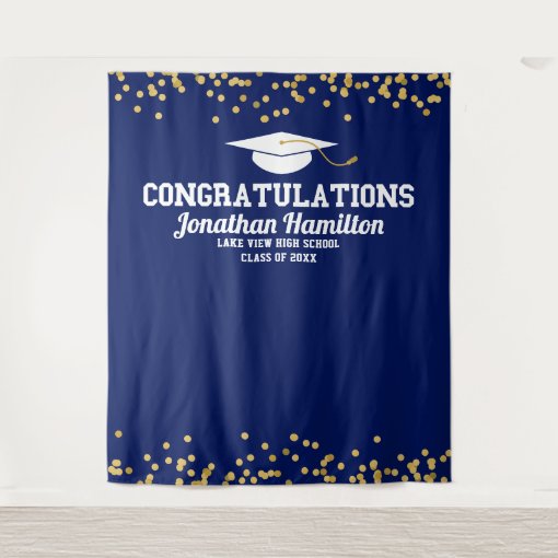 Congratulations Navy Blue Gold Grad Party Backdrop | Zazzle