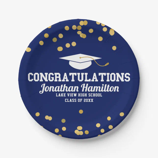 Congratulations Navy Blue Gold Grad Party Paper Plates | Zazzle