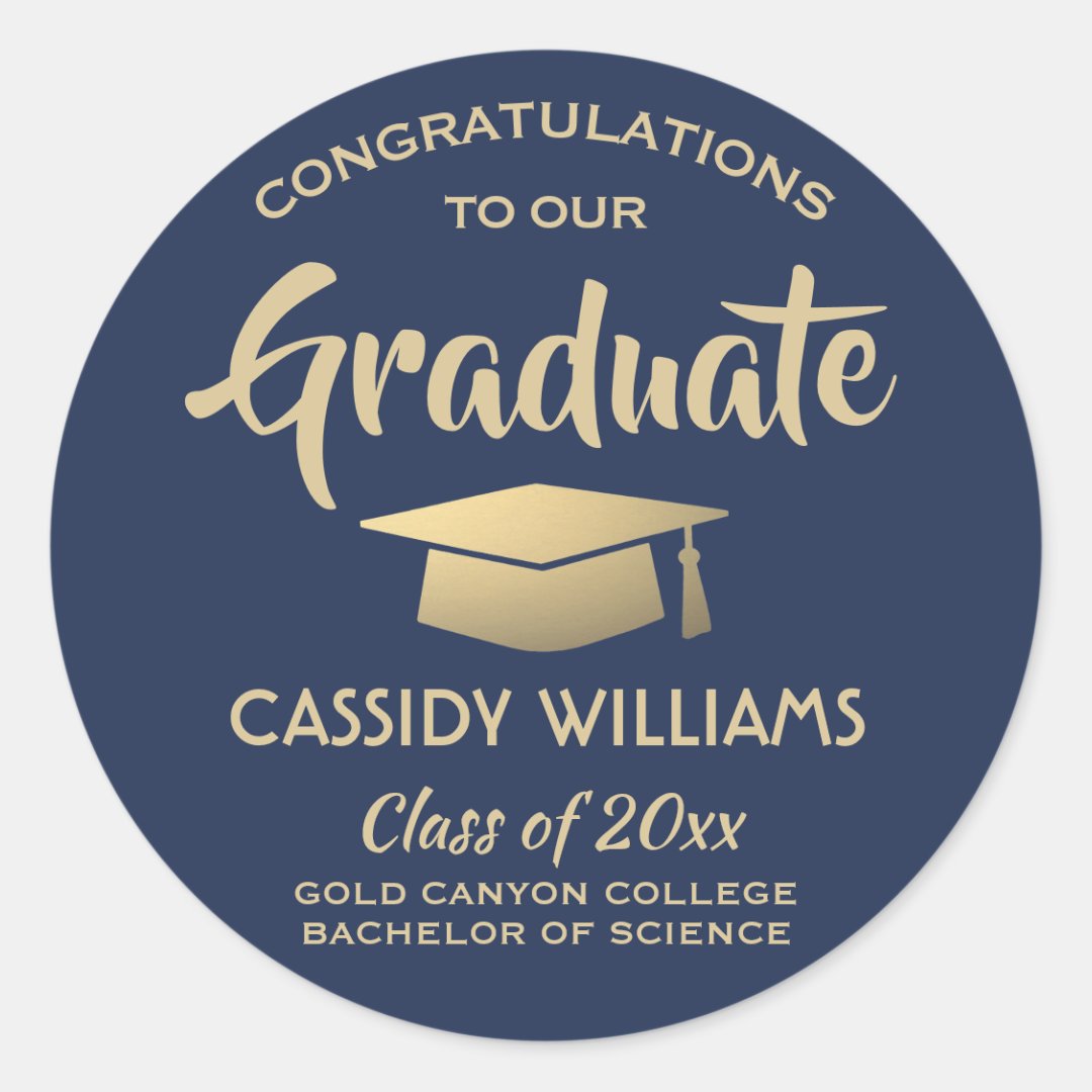 Congratulations Navy Blue Gold Modern Graduation Classic Round Sticker ...