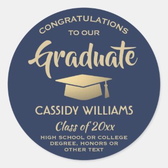 Congratulations Navy Blue Gold Modern Graduation Classic Round Sticker ...