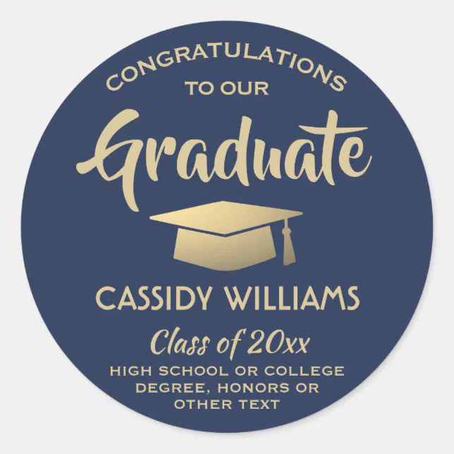 Congratulations Navy Blue Gold Modern Graduation Classic Round Sticker ...