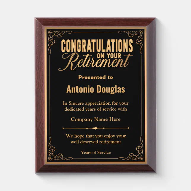 Congratulations on your Retirement Gold & Black Award Plaque | Zazzle