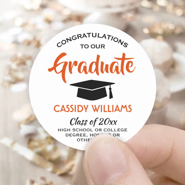 Congratulations Orange Black and White Graduation Classic Round Sticker ...