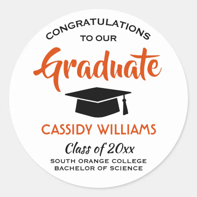 Congratulations Orange Black and White Graduation Classic Round Sticker ...