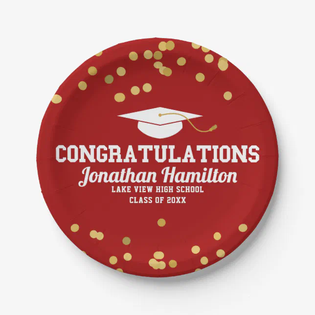 Congratulations Red Gold Confetti Grad Party Paper Plates | Zazzle