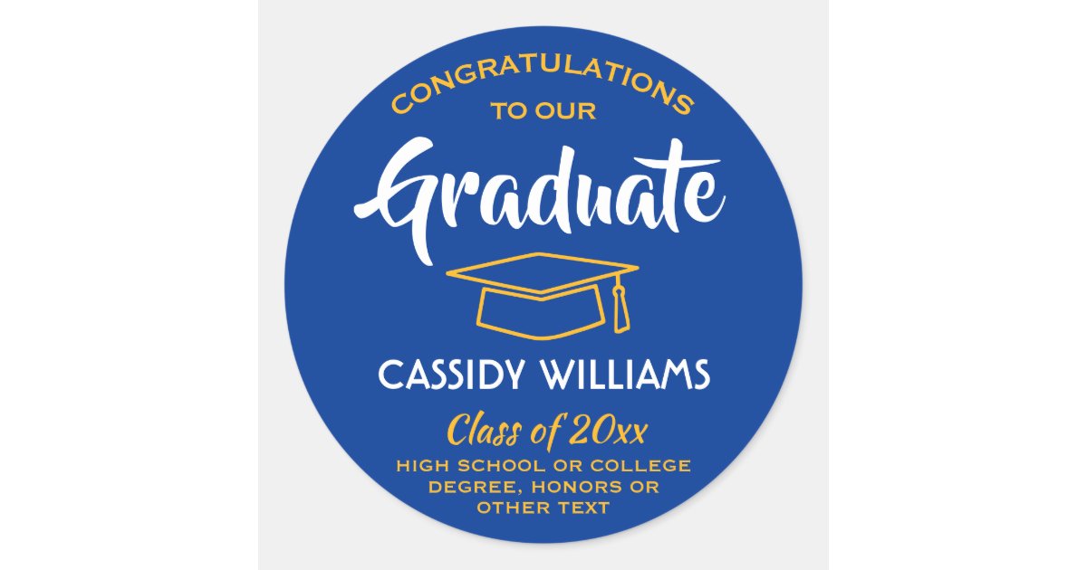 Congratulations Royal Blue and Gold Graduation Classic Round Sticker ...