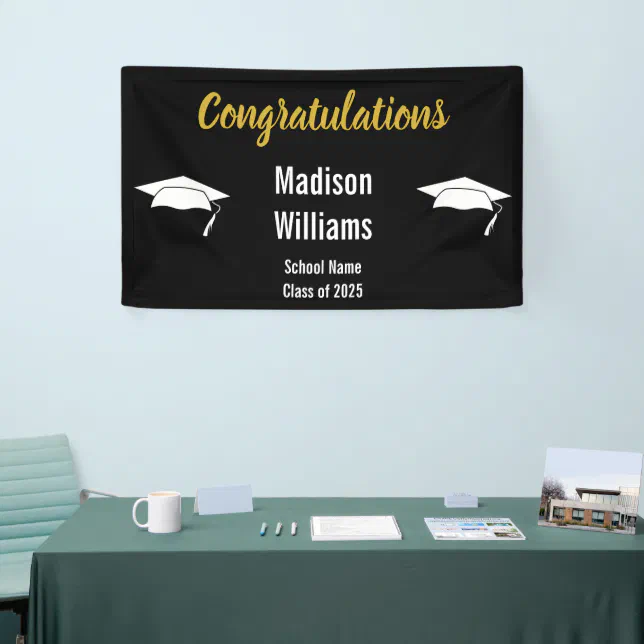 Congratulations Script Gold Black White Grad Name Banner | Zazzle