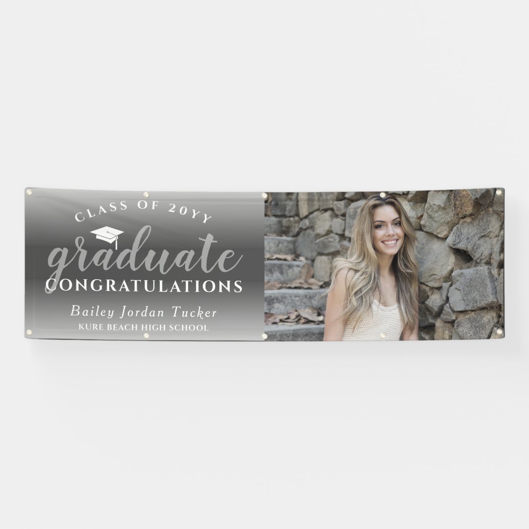 Congratulations Script Gray Ombre Photo Graduation Banner | Zazzle