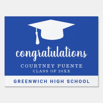 Congratulations Simple Blue White Graduation Cap Sign | Zazzle