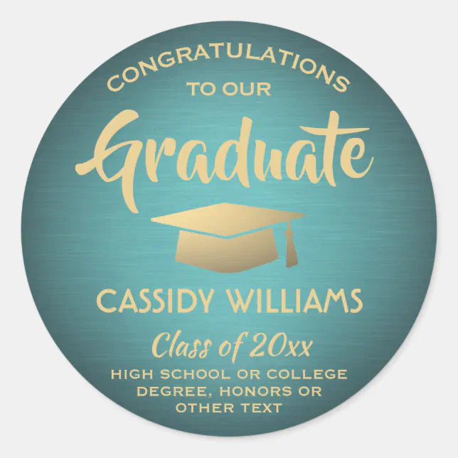 Congratulations Teal and Gold Trendy Graduation Classic Round Sticker ...