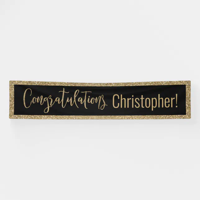 Congratulations Typography Gold Glitter and Black Banner | Zazzle