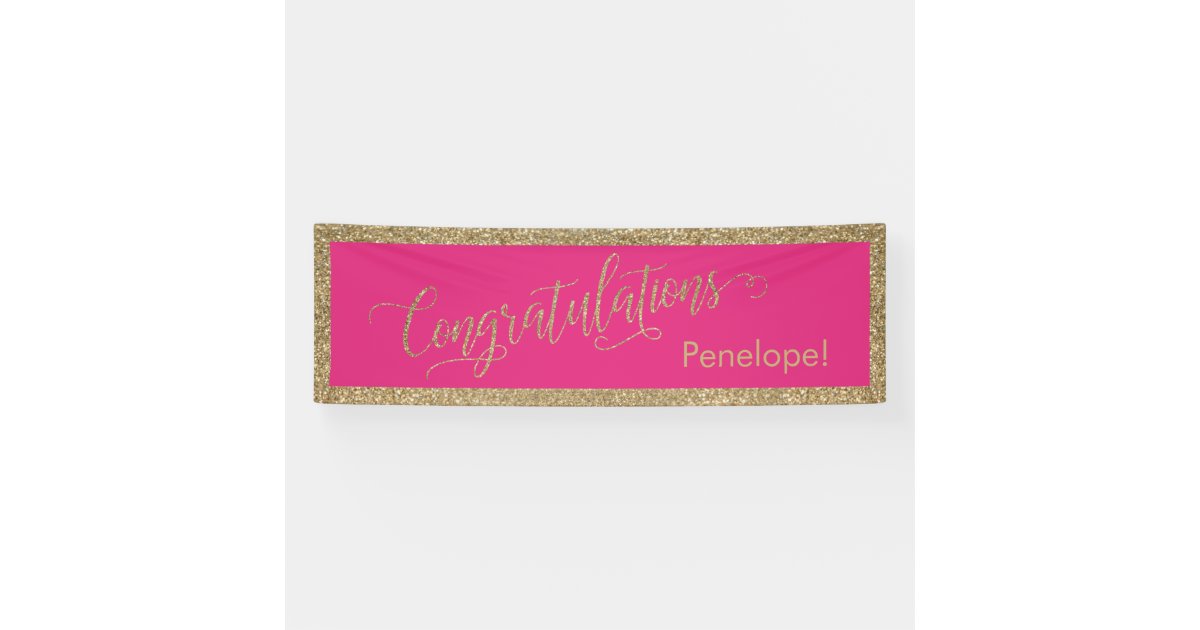Congratulations Typography Gold Glitter Hot Pink Banner | Zazzle
